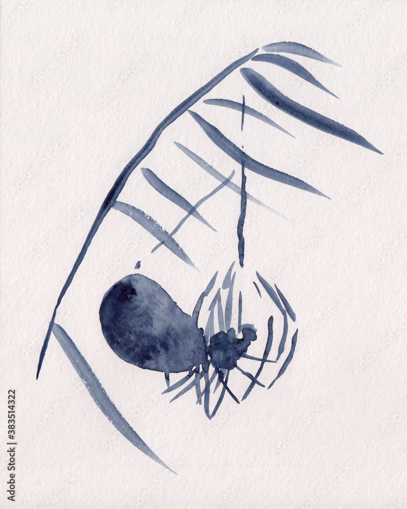 Stock watercolor painting of spider on the web on tall grass. Oriental ...
