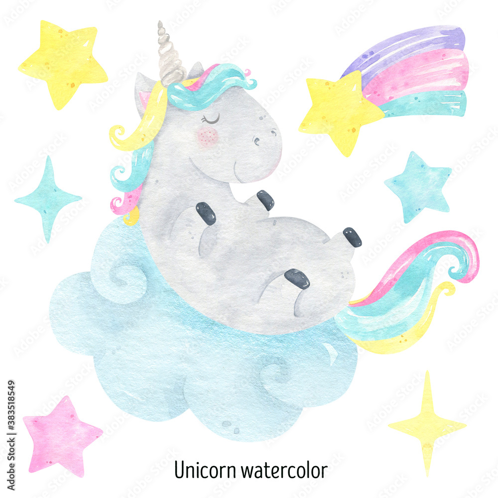 Watercolor funny unicorn. Сlouds, stars, rainbow. Nursery Clipart, cute ...
