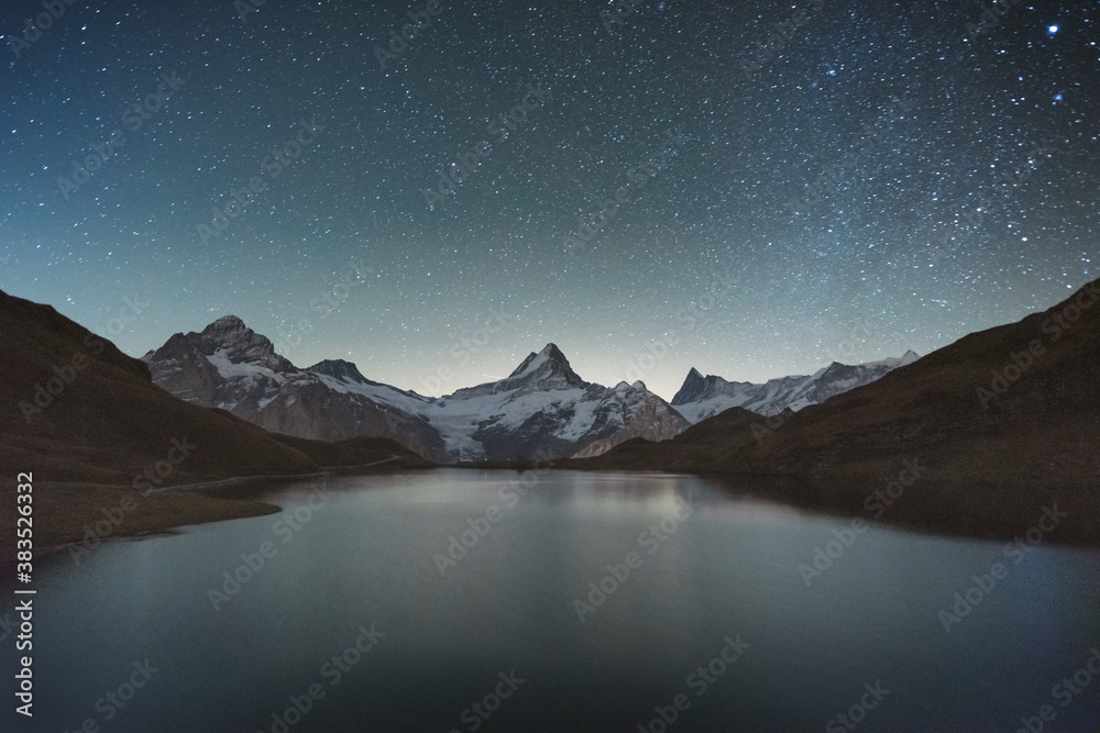 Incredible night view of Bachalpsee lake in Swiss Alps mountains. Snowy ...