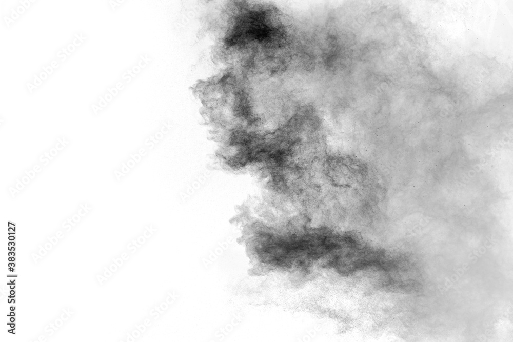 Black particles splatter on white background. Black powder dust burst ...