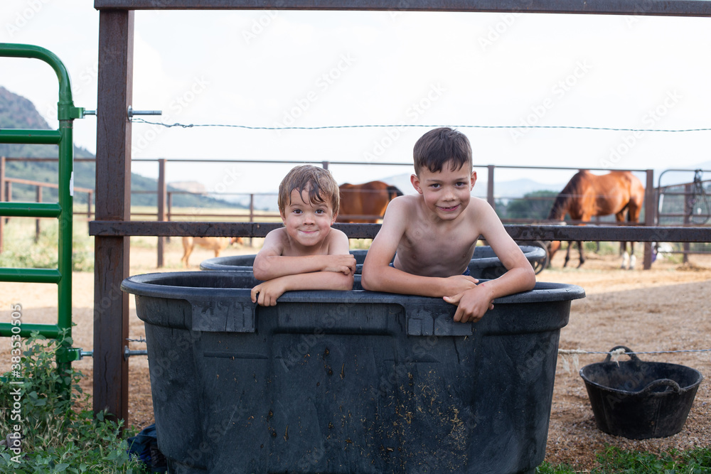 Portrait of siblings making funny faces while sitting in horse trough ...