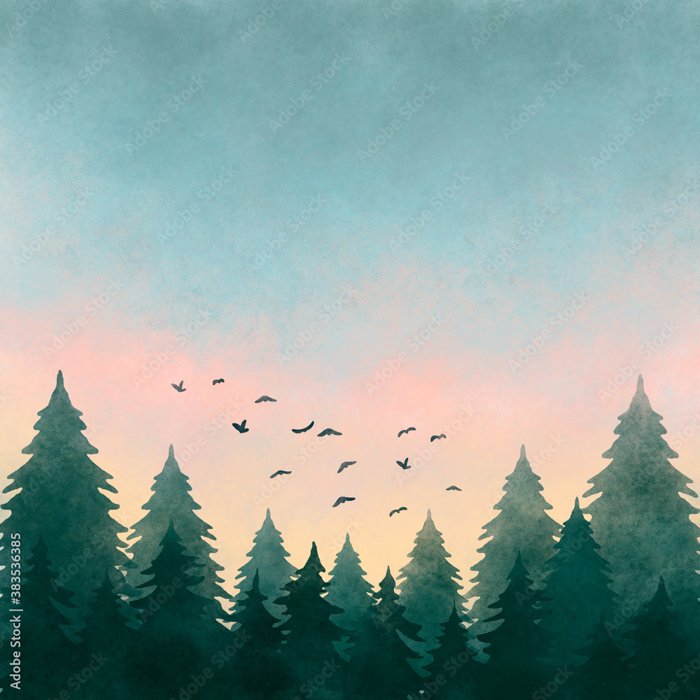 Watercolor illustration of a forest landscape at sunset Stock ...