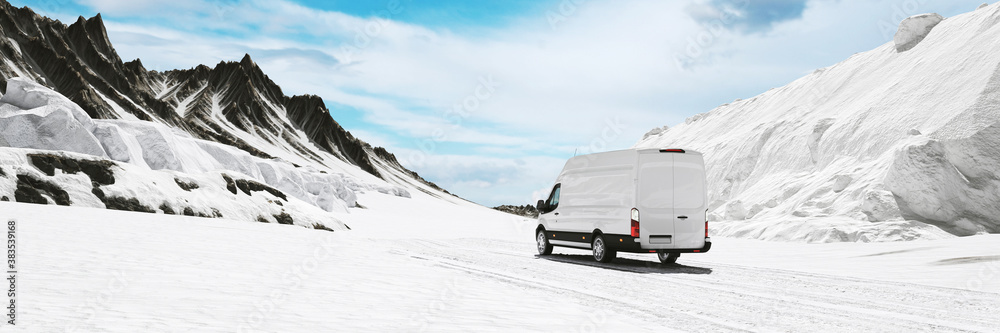Delivery truck in winter on road in snow with mountains Stock ...