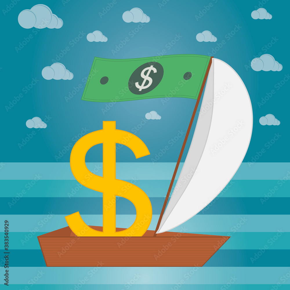 Gold dollar sign in a boat with sails. A paper dollar on a mast instead ...
