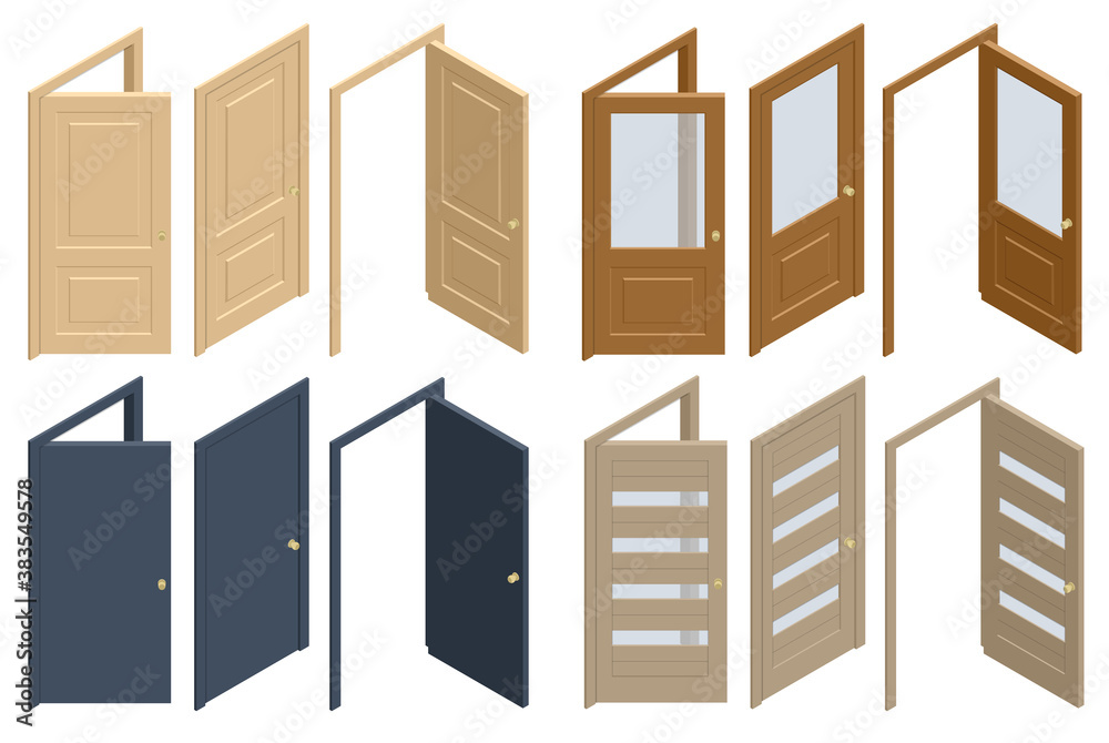 Isometric set of wooden doors in different stages of opening isolated ...