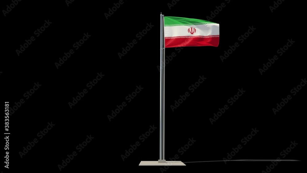 Iran flag on a flagpole in full growth on black background waving in ...