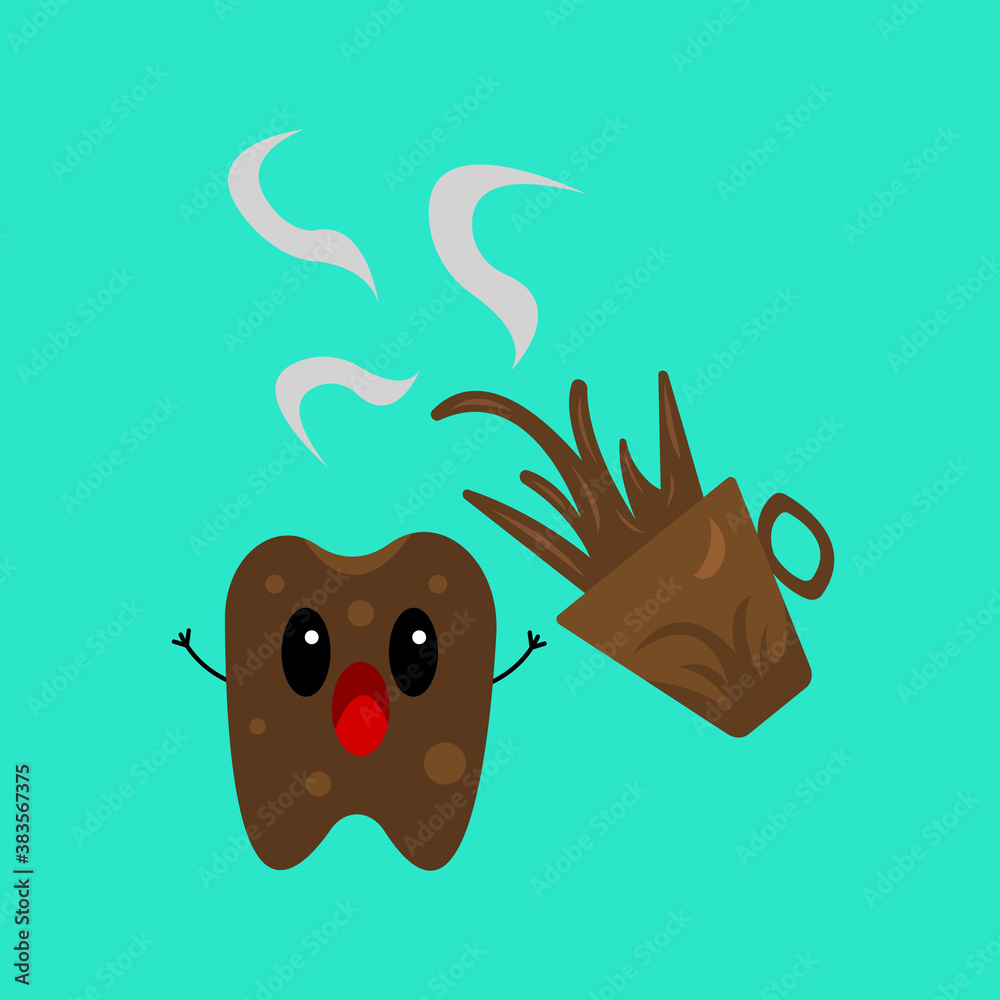 Cup of coffee and stained brown tooth cartoon character screaming in ...