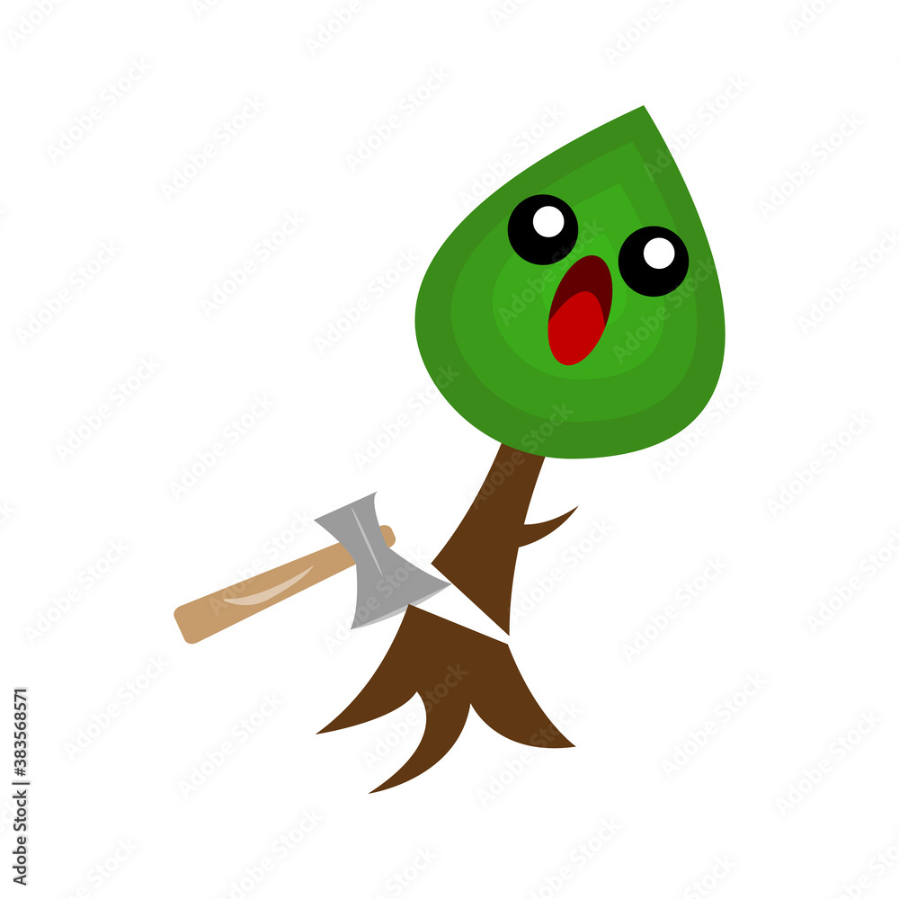 chopped tree cartoon character screaming in pain near sharp ax Stock ...
