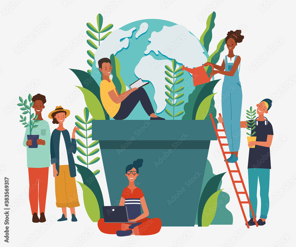 Young people protecting the Earth. Happy Earth day illustration. Eco ...