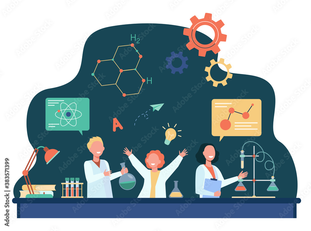 Cheerful kids learning in chemistry class flat vector illustration ...