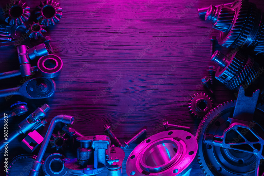 Car spare parts flat lay background. Disassembled car gearbox parts and ...