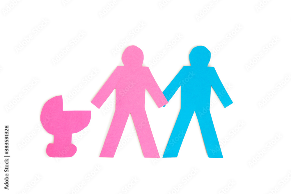 Two stick figures holding hands while standing besides a baby carriage ...