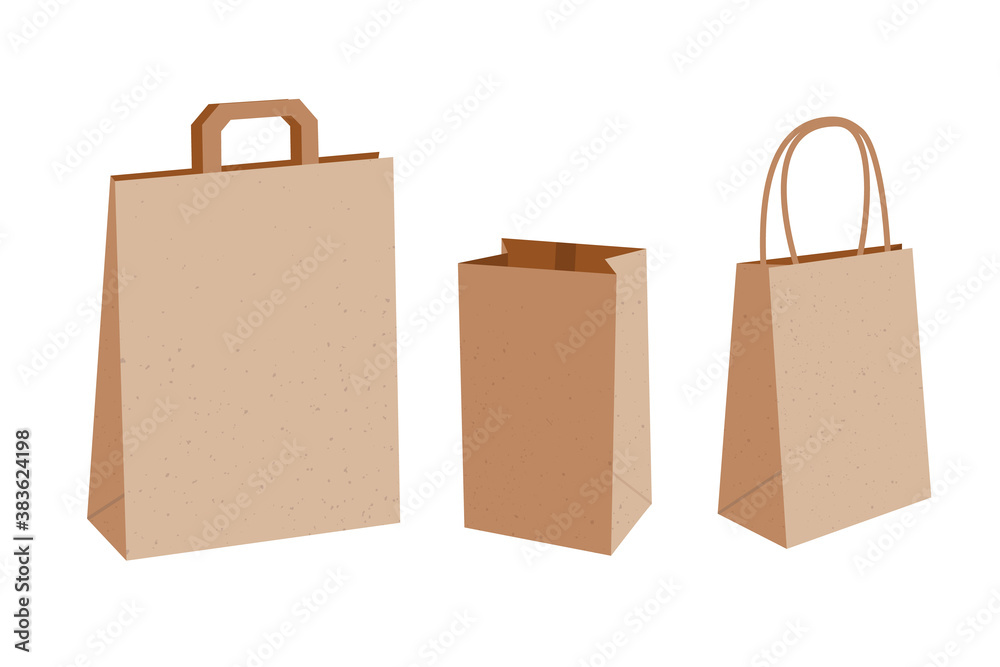 Vector collection of three empty paper bags with handles and without ...