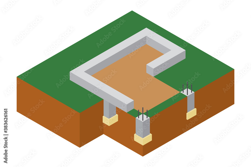 Isometric foundation cutaway vector illustration. Construction of ...