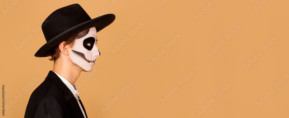Closeup profile photo of spooky scary undead guy look empty space ...
