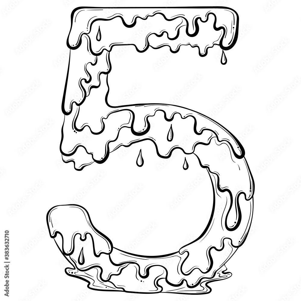 Number 5 with flow drops and goo splash. Dripping liquid symbol. Vector ...