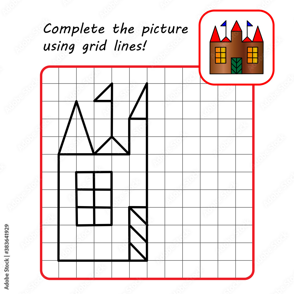 Educational game for kids. Simple exercise. Castle drawing using grid ...