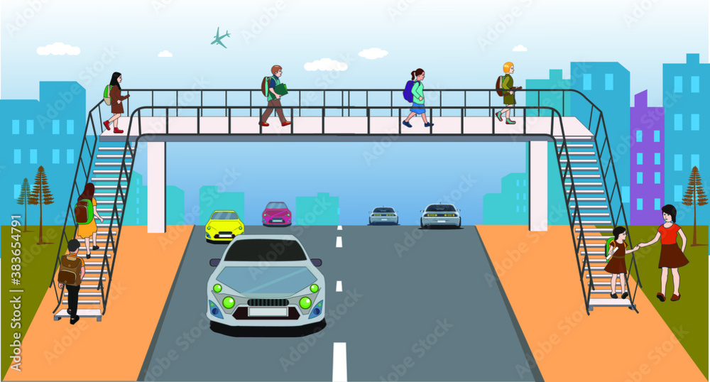 footbridge, overpass, children using pedestrian crossing. underpass ...