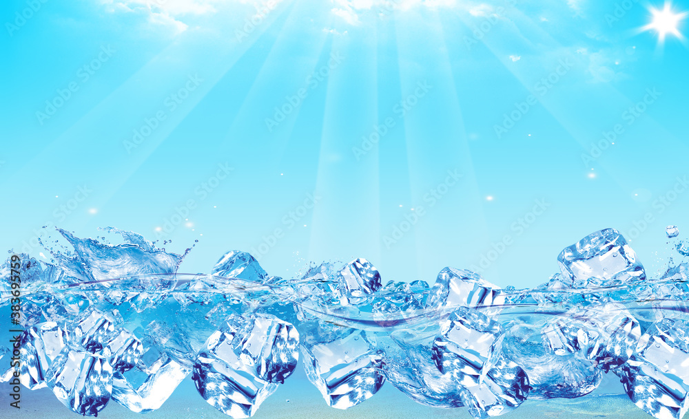 Abstract ice cubes background with copy space. Ice cubes fall into the water. Ice cubes ...