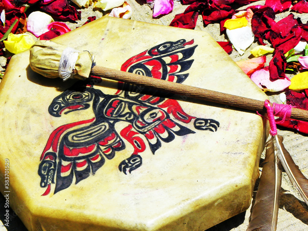 Poster Indigenous drum and details of Chakana (Andean Cross) or ...