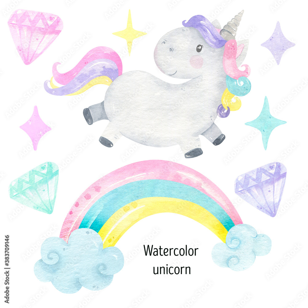 Watercolor funny unicorn. Сlouds, stars, rainbow, diamonds. Nursery ...