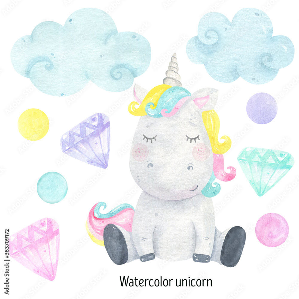 Watercolor funny unicorn. Сlouds, stars, rainbow, diamonds. Nursery ...