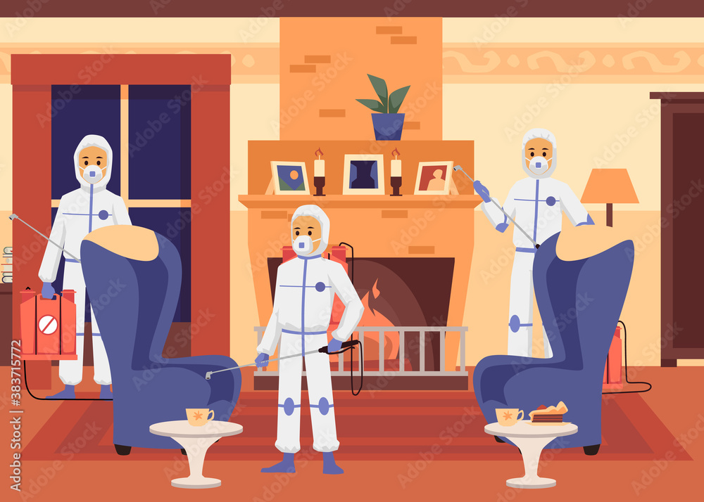 Exterminators poisoning insects inside house, flat cartoon vector ...