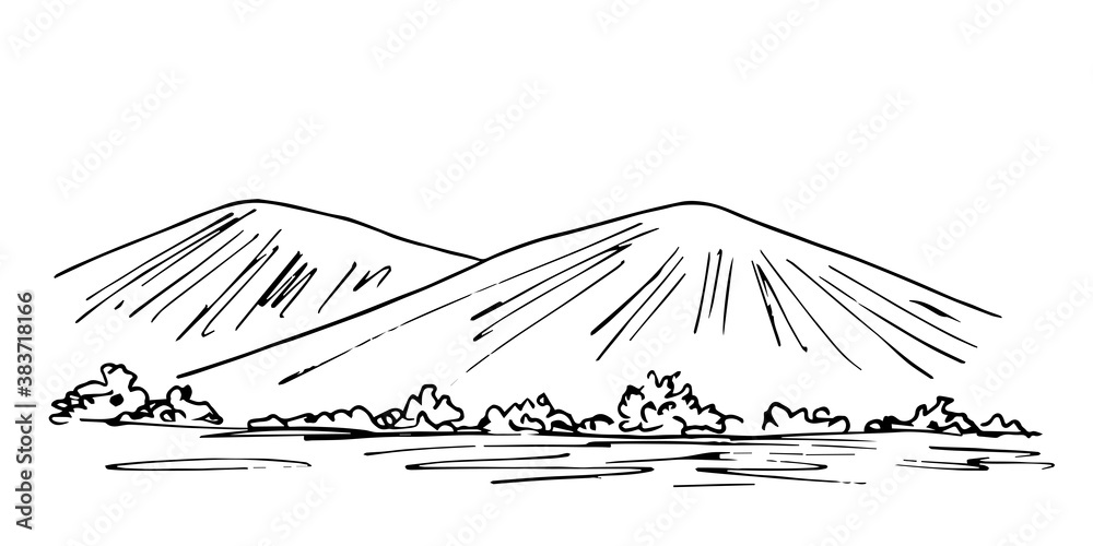 Hand-drawn simple vector landscape in black outline. Trees, bushes ...