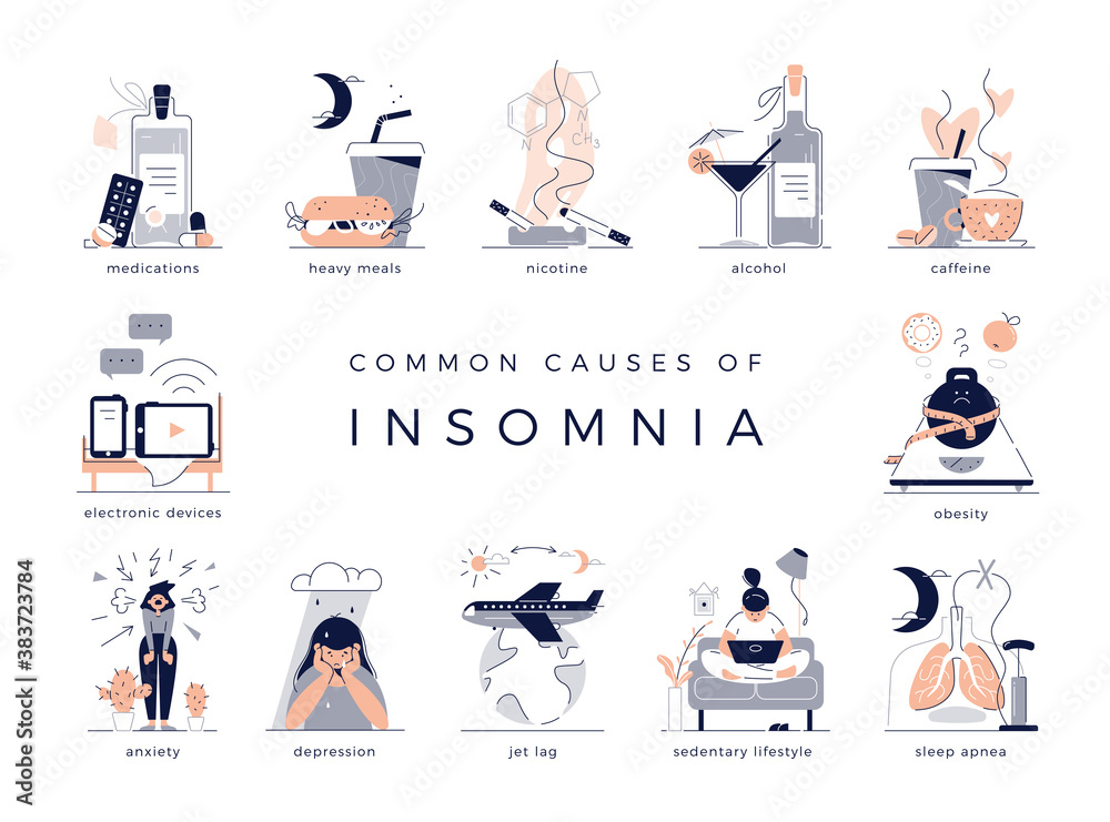 Vetor de Common causes of insomnia: depression, jet lag, medications ...