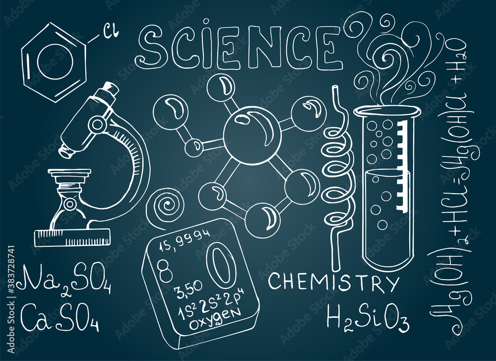 Chemical formula and outlines on blackboard. Hand drawn cartoon ...