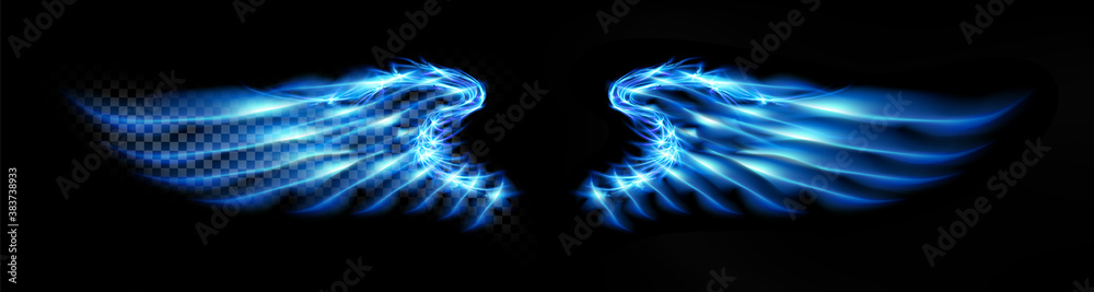 Neon glowing abstract blue angel wings. Isolated, strewn with sparks on ...