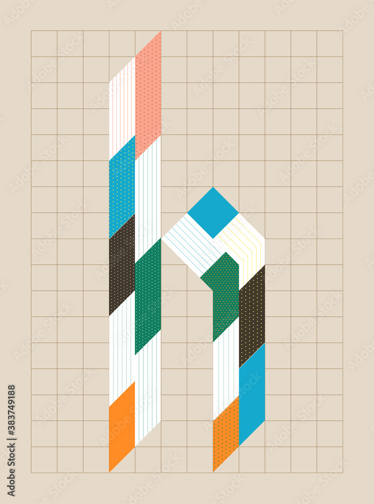 Grid based lettering design lowercase h, black letter with pattern and ...