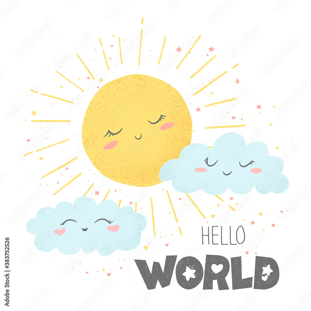 Vector illustration with cute hand drawn cartoon sun, clouds and ...