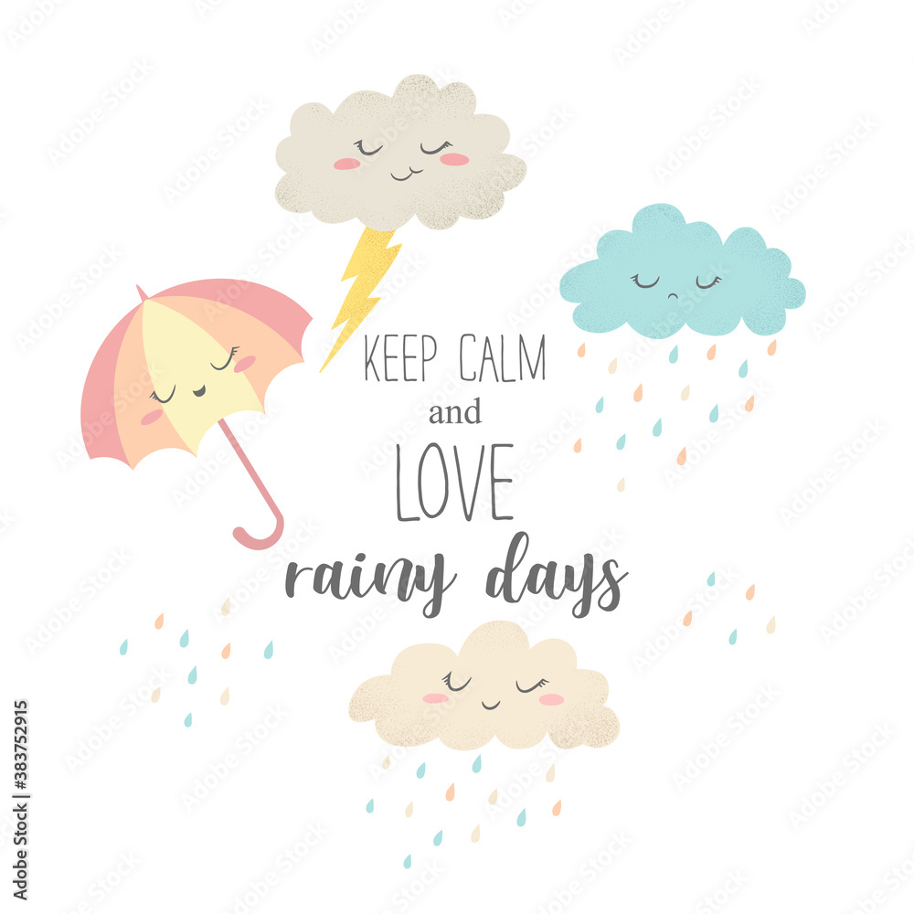 Vector illustration with cute hand drawn umbrella, clouds and lettering ...