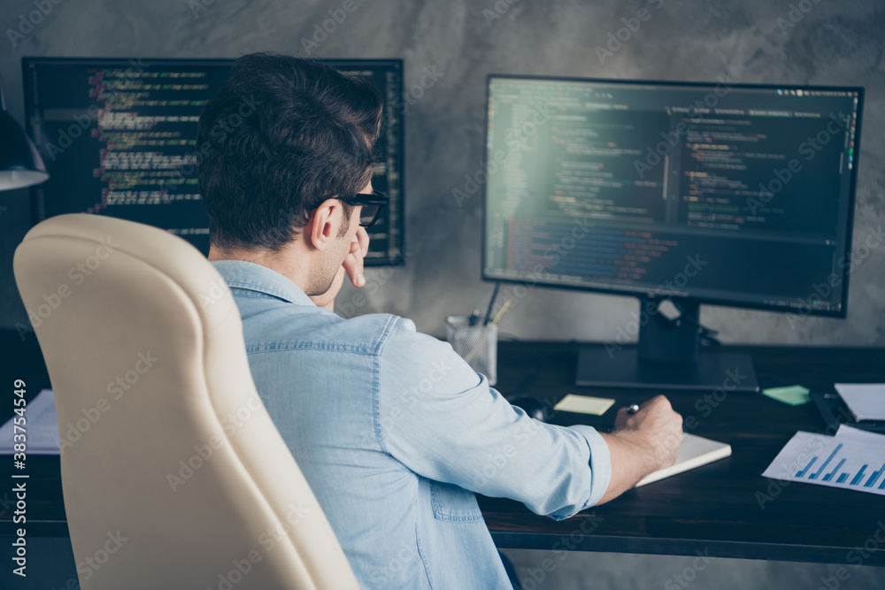 Rear back behind view portrait of his he nice focused busy smart clever ...