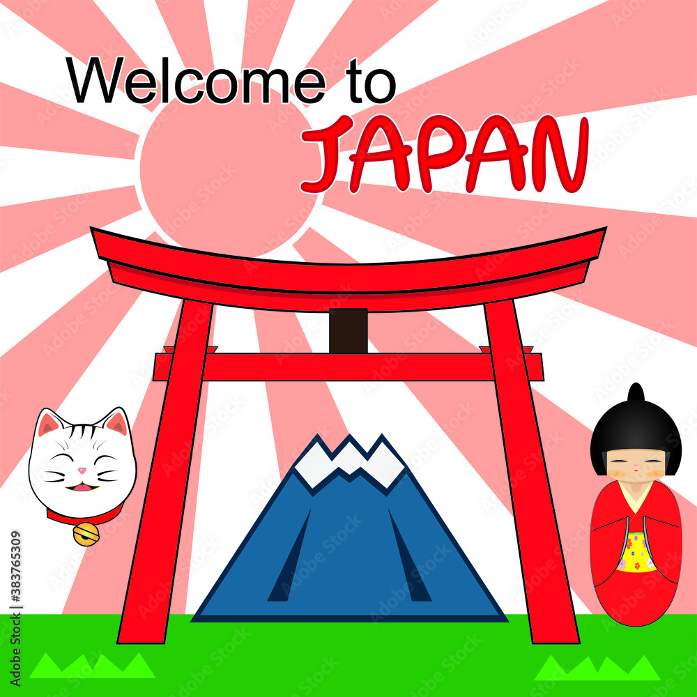 Greeting card - Welcome to JAPAN with Japan symbols - Fuji mountain ...