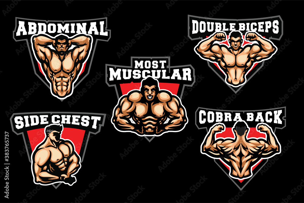 Sports. Gym. Muscular body. Athletic body. Body builder pose. Logo and ...