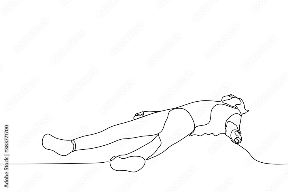 man is lying on the floor on the ground. one line drawing of a man ...