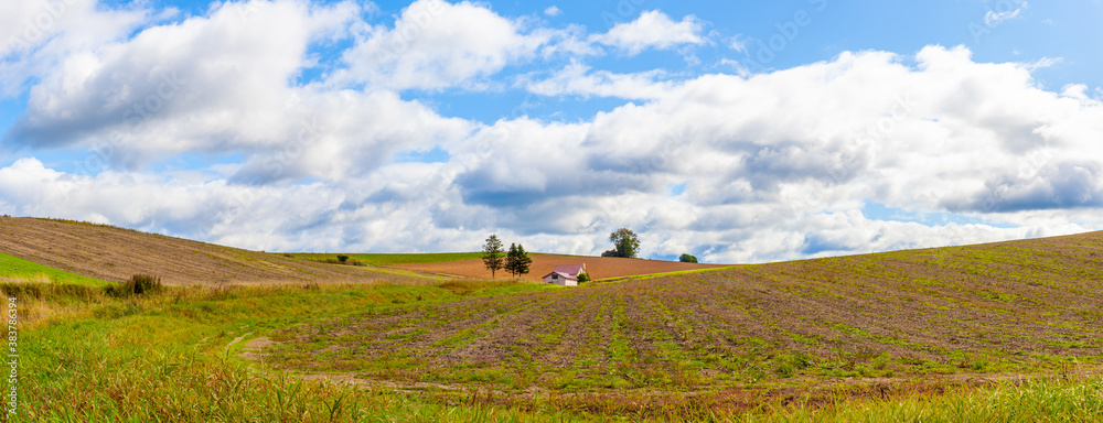 北海道 赤い屋根の家と美瑛の丘の風景 Stock Photo | Adobe Stock