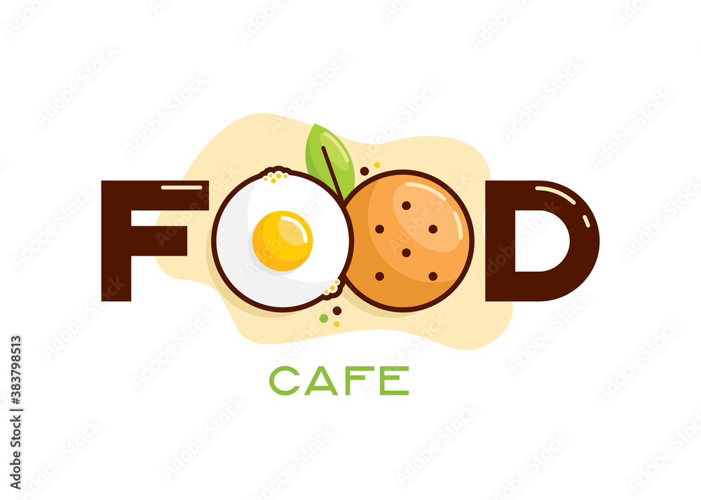 The "Food" Logo. Beautiful inscription with egg and bun, seasonings ...