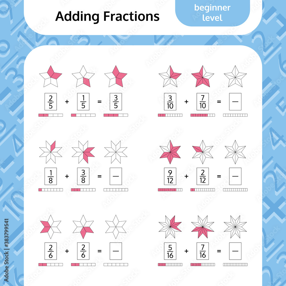 Adding Fractions Mathematical Worksheet. Coloring Book Page. Stars ...