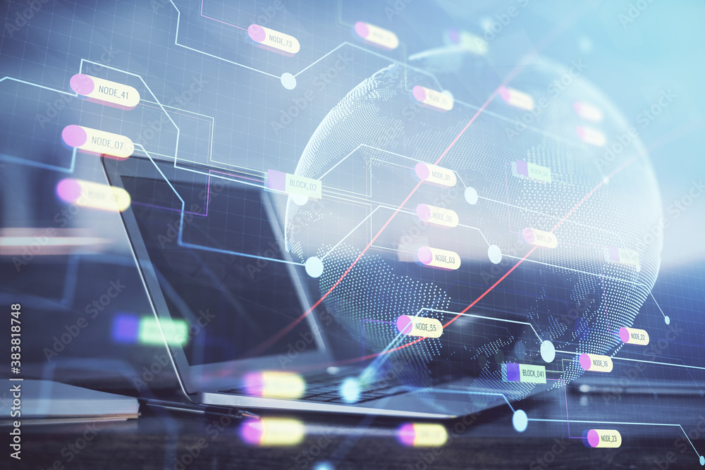 Multi exposure of table with computer and world map hologram ...
