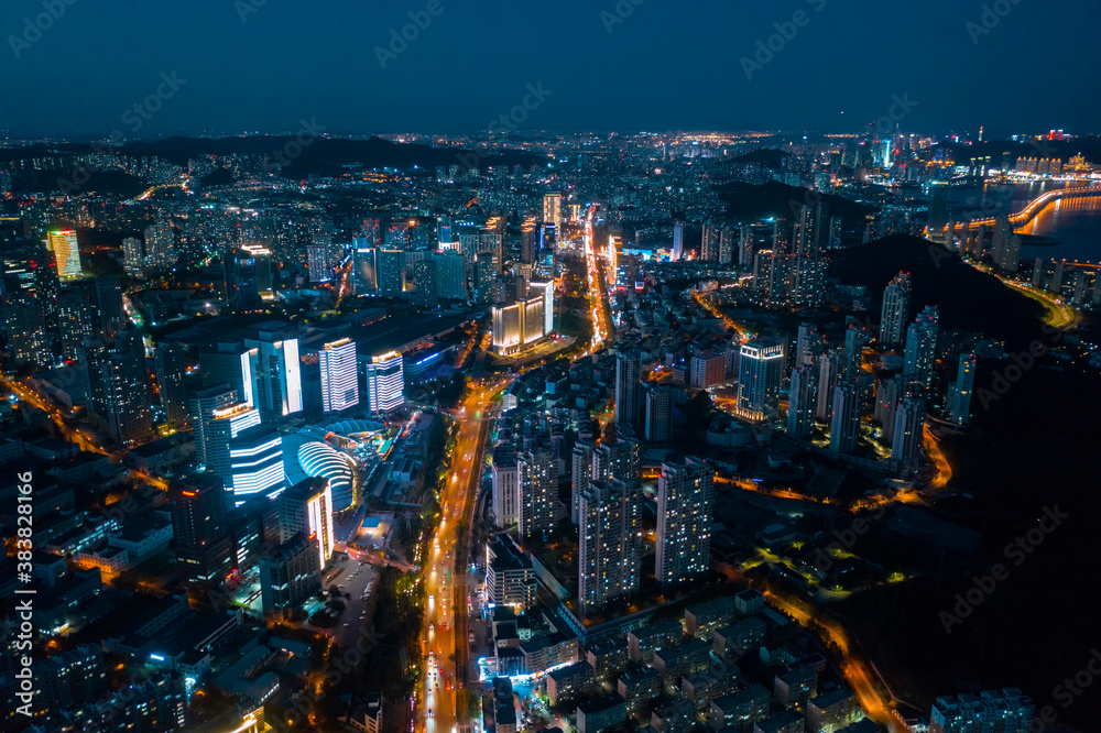 Aerial photography of the night scene of Dalian, the second tier city ...