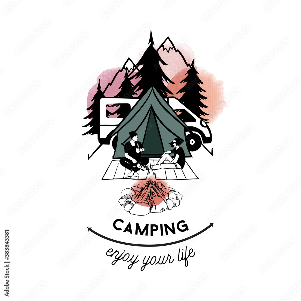 Van life poster. Watercolor ansd sketch vector illustration. Stock ...