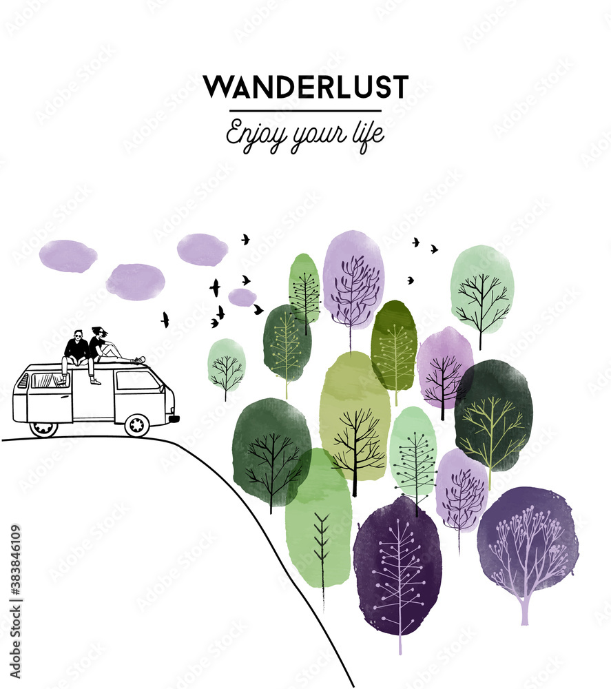 Van life poster. Watercolor ansd sketch vector illustration. Stock ...