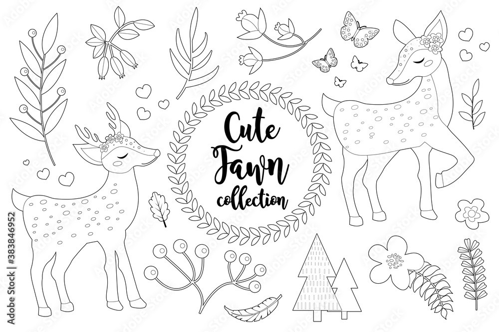 Cute little deer set Coloring book page for kids. Collection of design ...