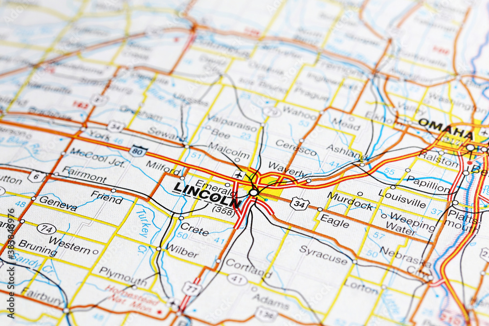 Lincoln city road map area. Closeup macro view Stock Photo | Adobe Stock