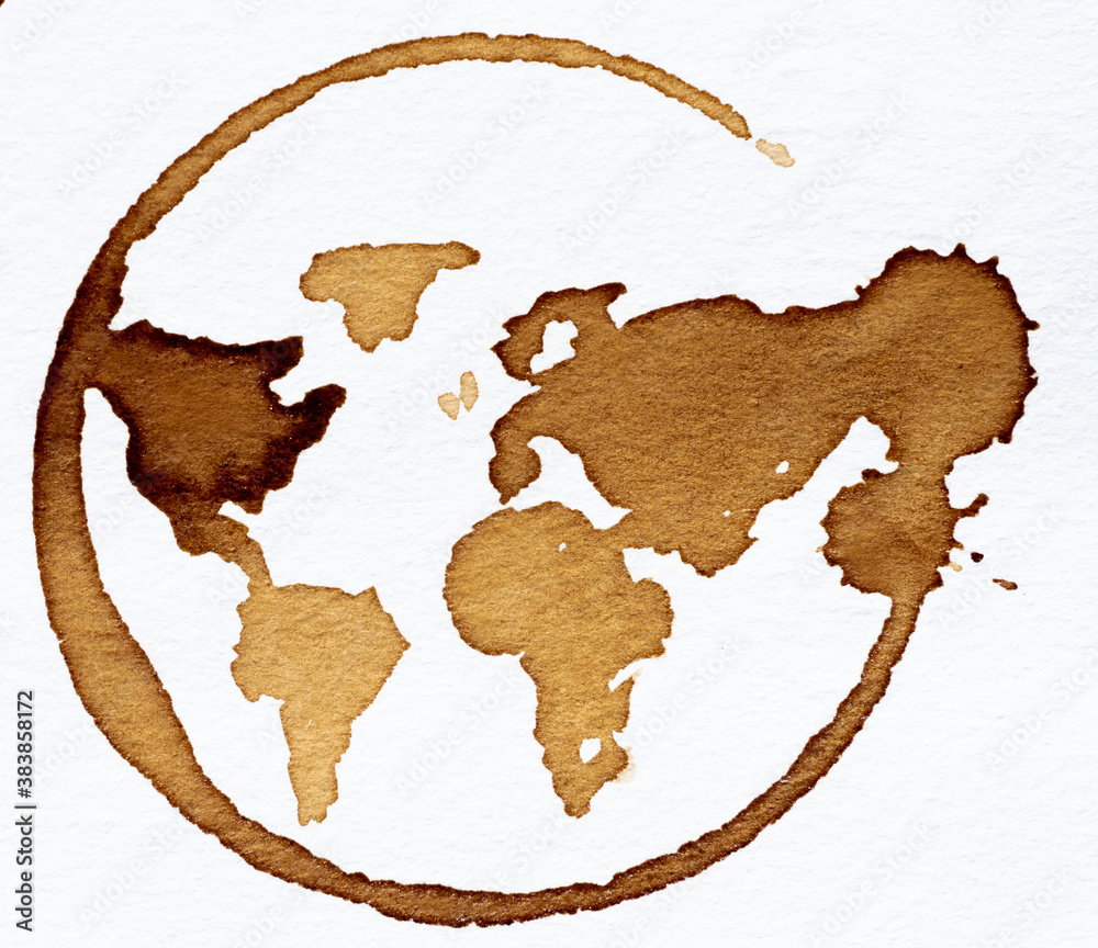Drawing of a world map inside a coffee stain with white background ...