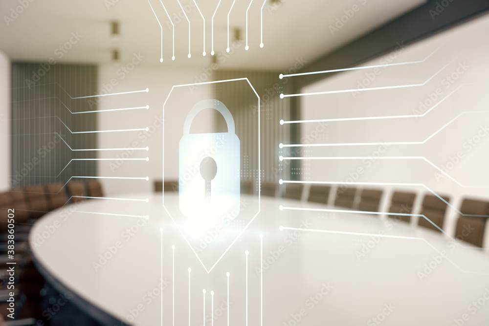 Virtual creative lock symbol and microcircuit illustration on a modern ...