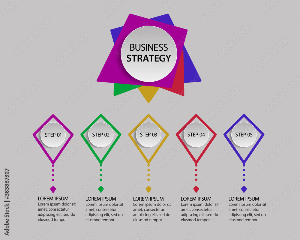 Business strategy presentation by colorful infographics with five steps ...